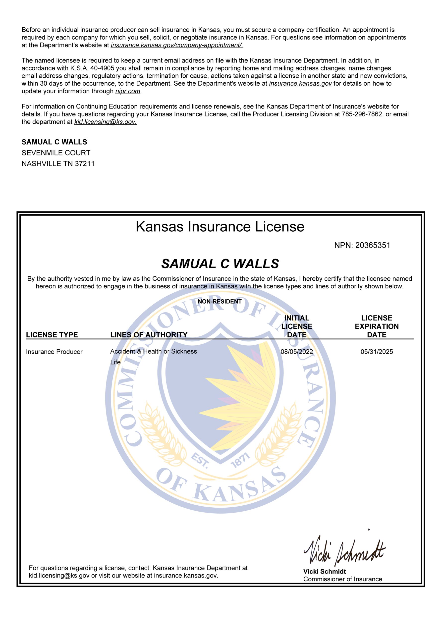 Kansas Certification - Walls Health Advisors